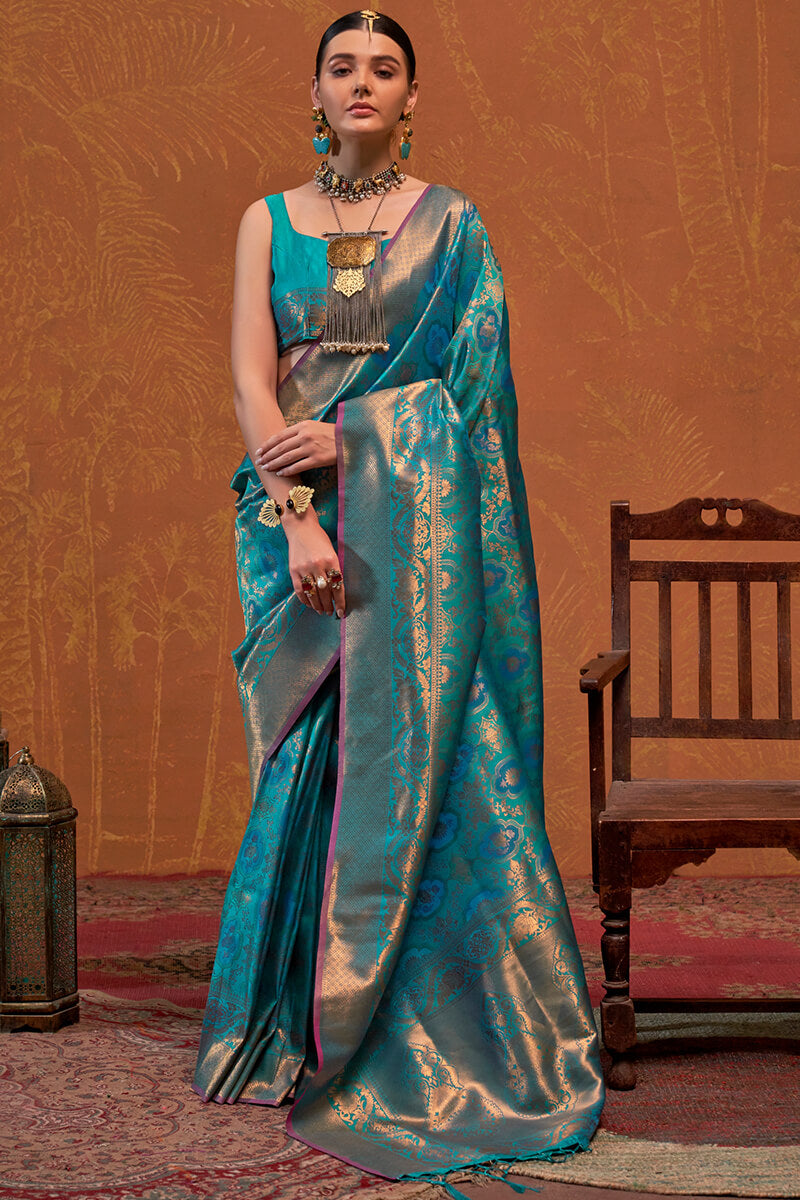 Precious Firozi Kanjivaram Silk Saree With Gleaming Blouse Piece ...