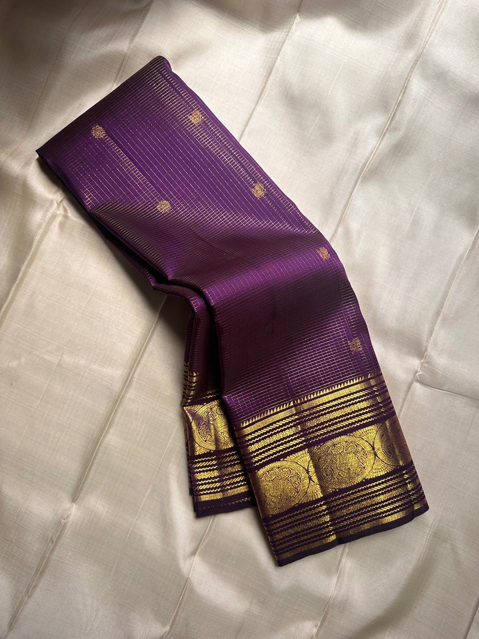 Royal Purple Silk Saree with Antique Gold Zari Checks & Classic Temple ...