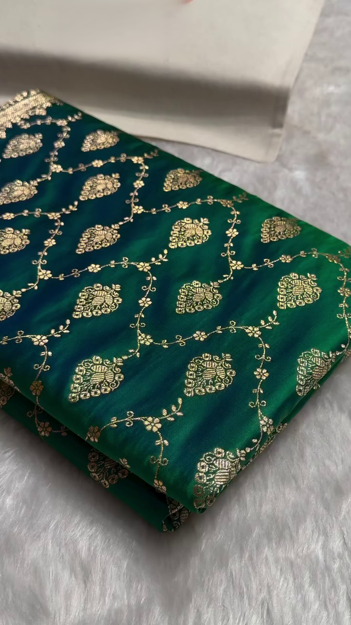 Emerald Green Banarasi Silk Saree – All-Over Zari Jaal & Leaf Motif We ...