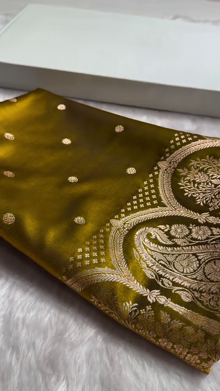 Olive Gold Banarasi Silk Saree – Elegant Zari Butta Weave – Shreemati