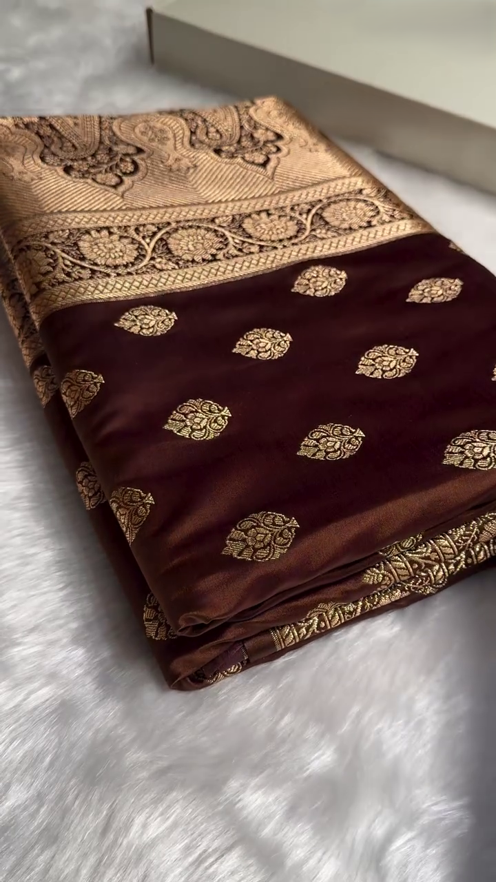 Coffee Brown Banarasi Silk Saree – Rich Golden Zari Butta & Grand Bord ...